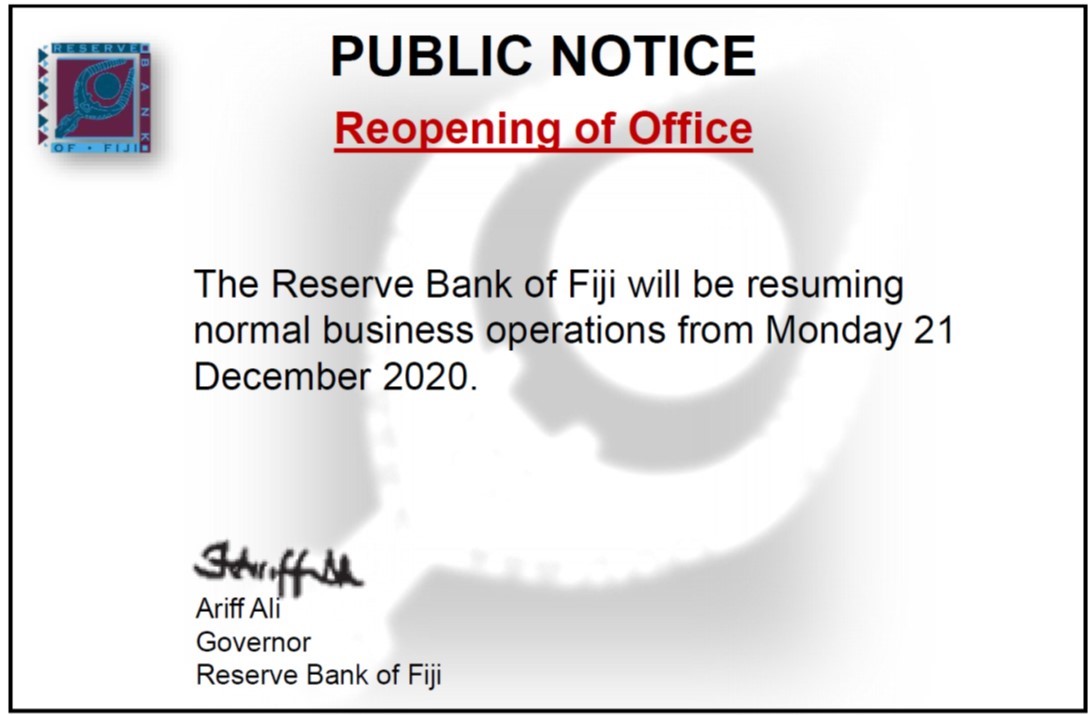RBF Public Notice - Reopening of Office - Reserve Bank of Fiji