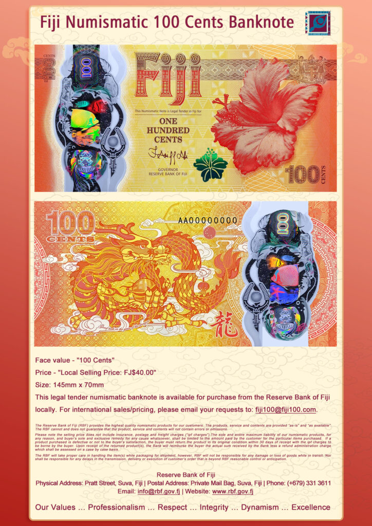 Fiji 100 Cents Numismatic Banknote - Reserve Bank of Fiji